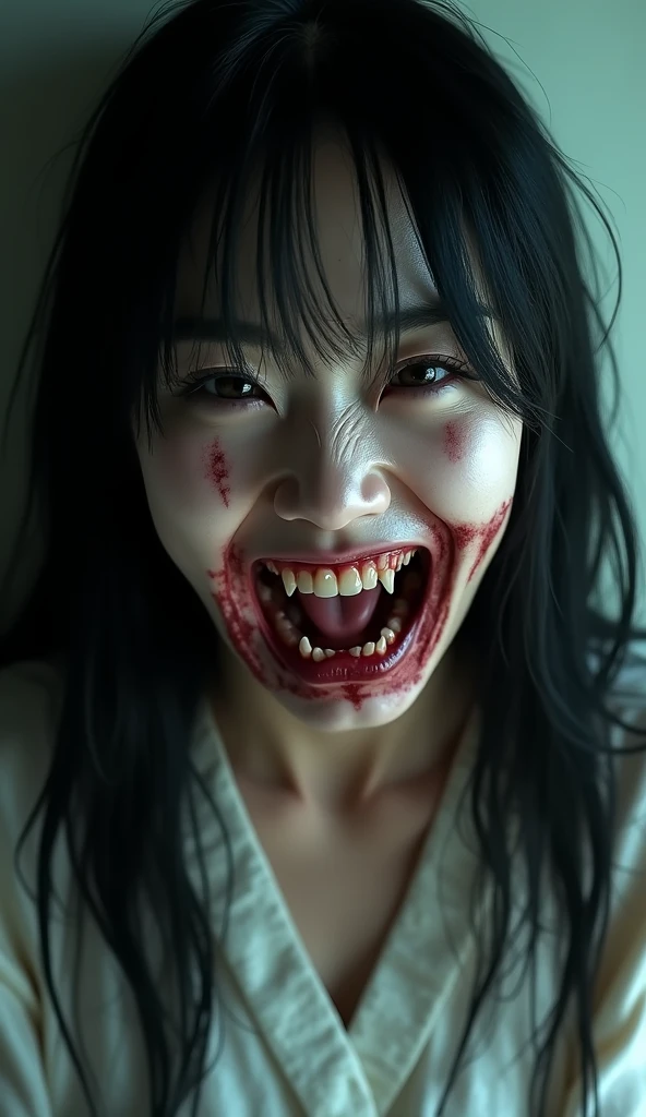 The Korean woman, with black hair, revealing a mouth cut from ear to ...