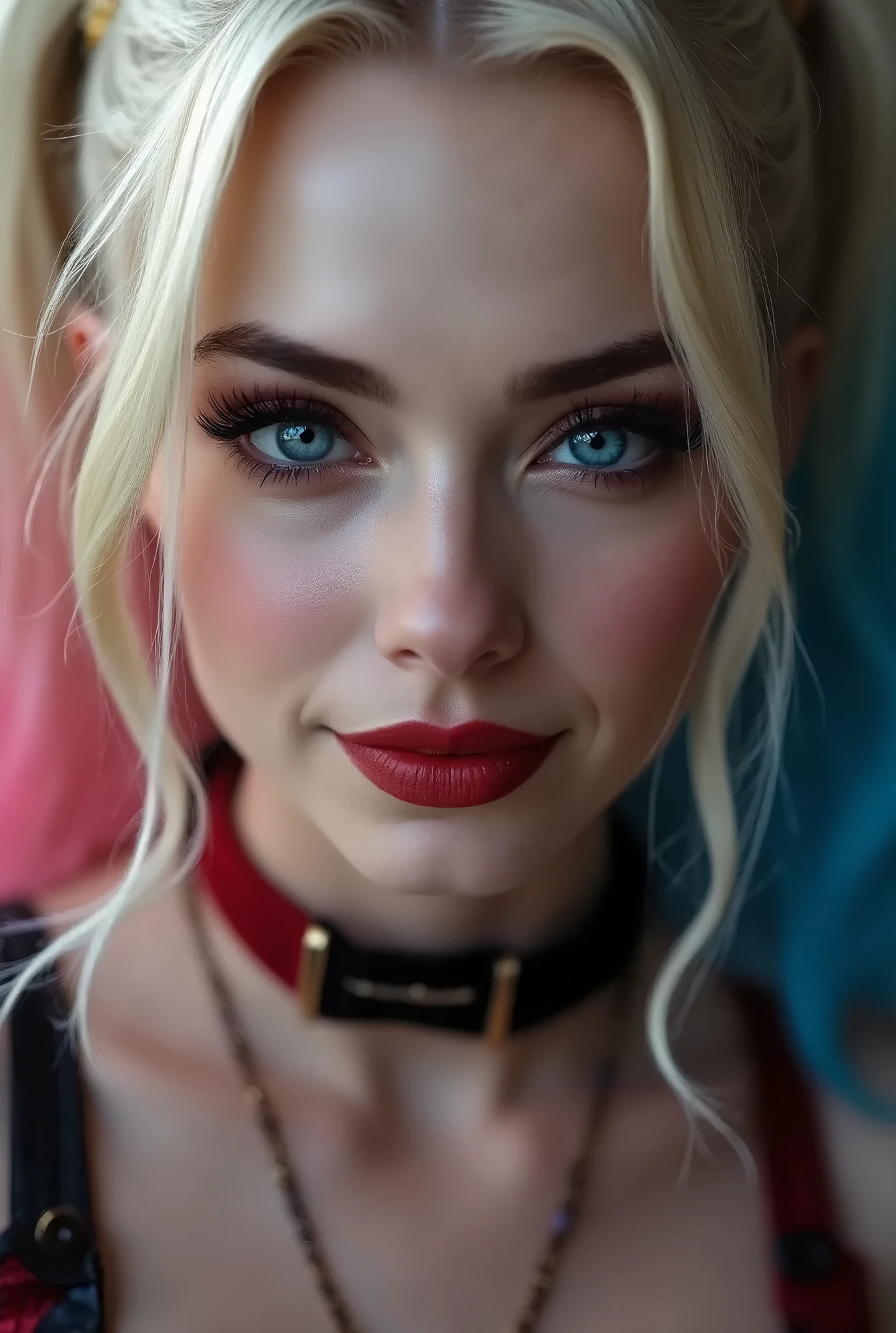 Harley Quinn's facial features are highly detailed, textured - SeaArt AI