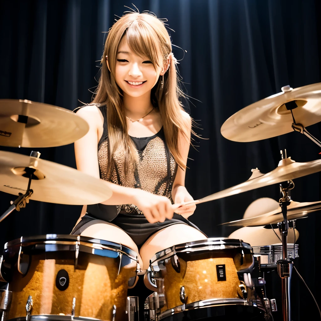 beautiful blonde Japanese girl playing drums at a live venue - SeaArt AI