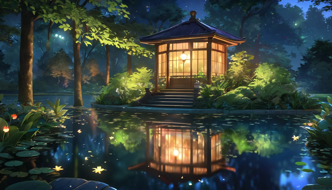 Beautiful anime scenery, Small forest fountain at night, Glowing ...