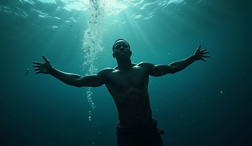 Camera filming from afar Strong black man drowning at the bottom of the ...