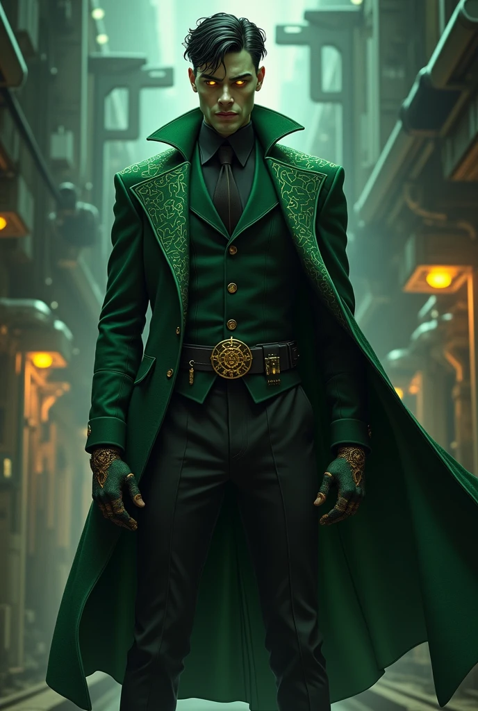 Illustrate a male supervillain with an eerie and enigmatic appearance ...