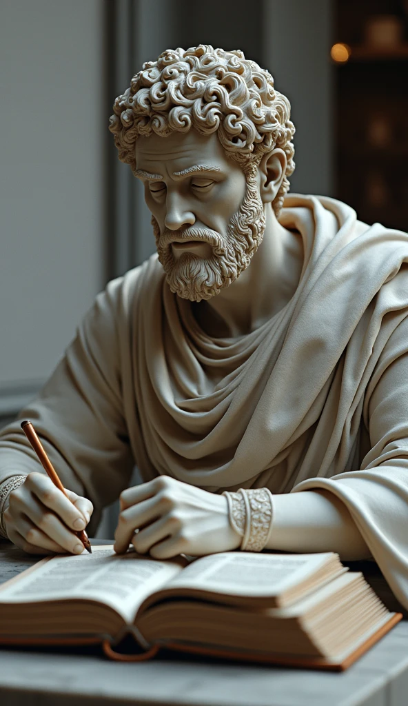 Marcus Aurelius writing in his journal – a detailed sculpture showing ...