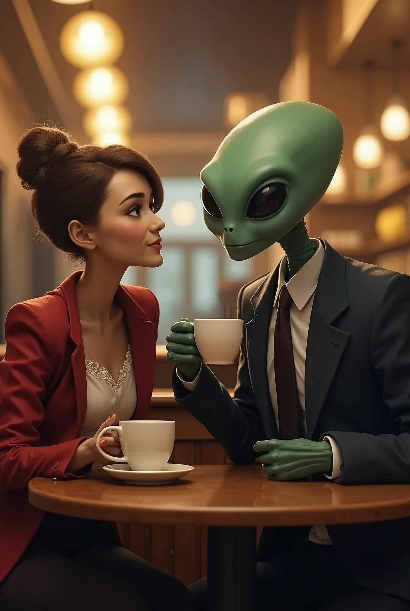 "A human-friendly alien wearing a suit, sitting in a cozy cafe with a ...