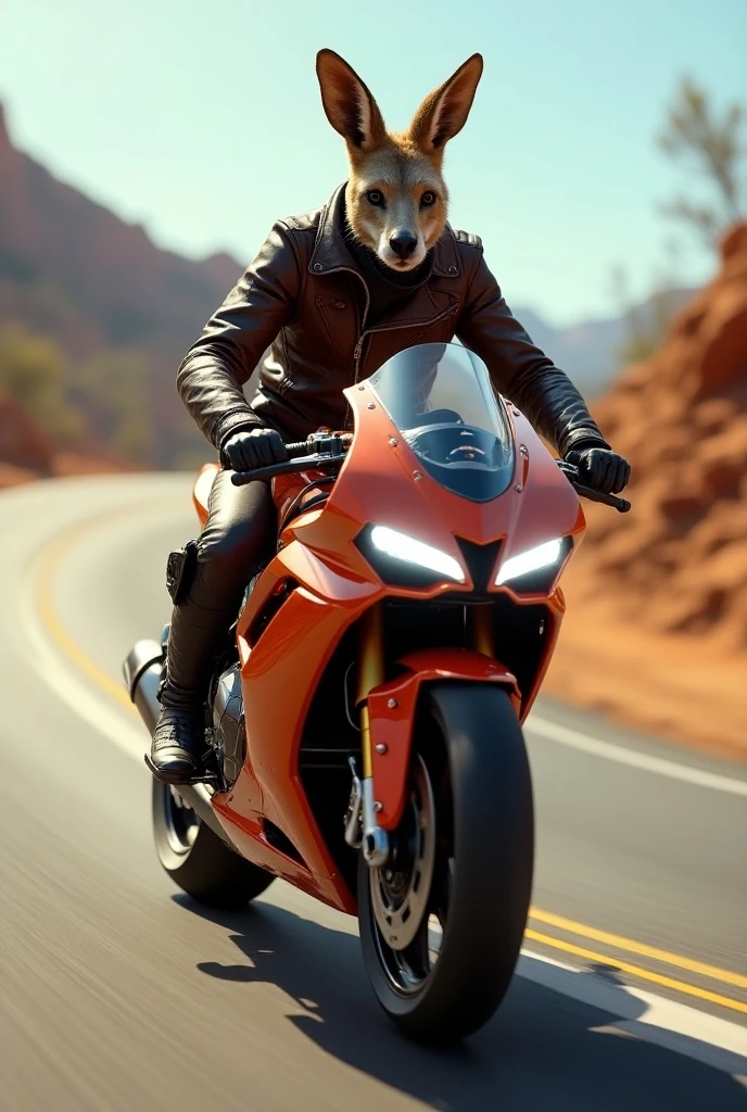 A biker kangaroo riding a fire sport bike with his helmet - SeaArt AI