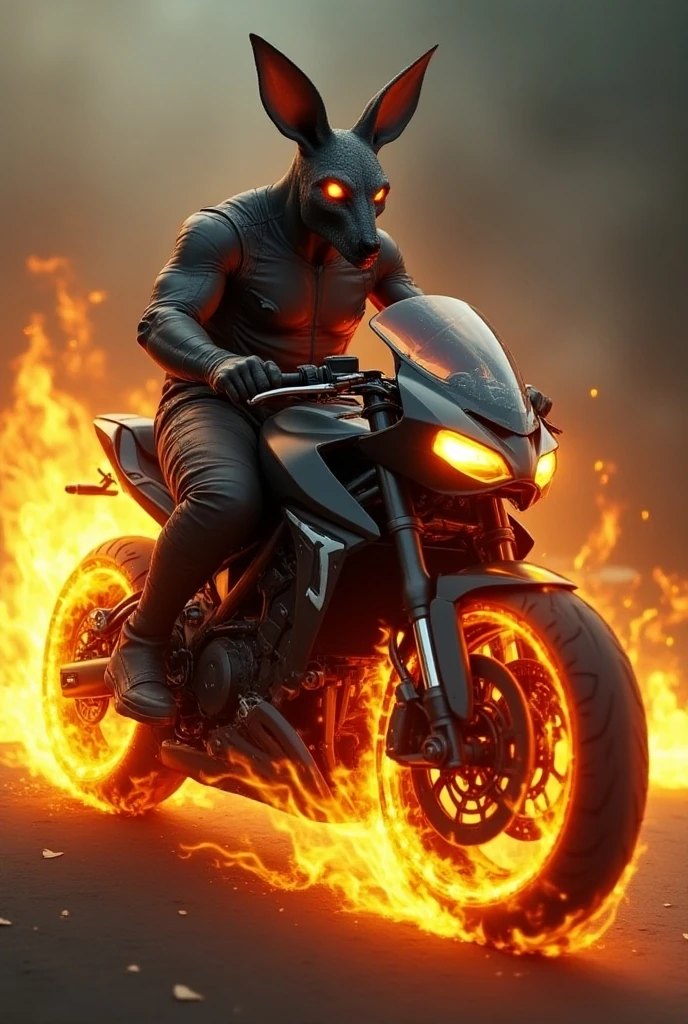 A kangaroo biker ghost rider riding a fire sport bike with his helmet ...