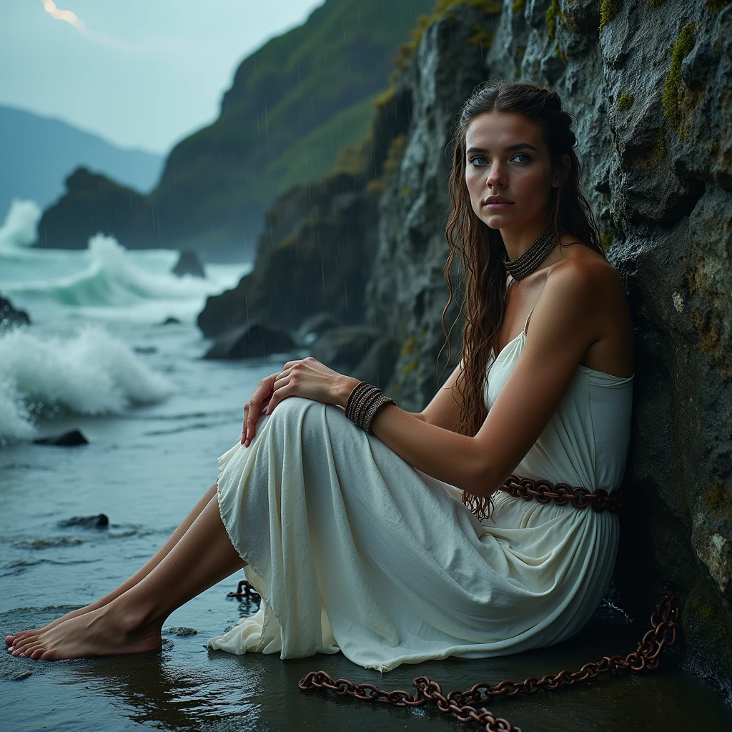 A dramatic scene depicting, Andromeda from Greek mythology. She sit ...