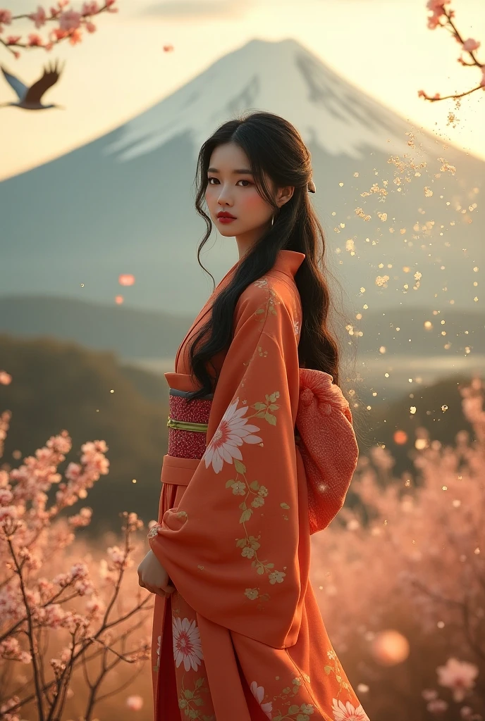 Japanese Kimono、Beautiful woman with elegant dark hair、Gold is falling ...