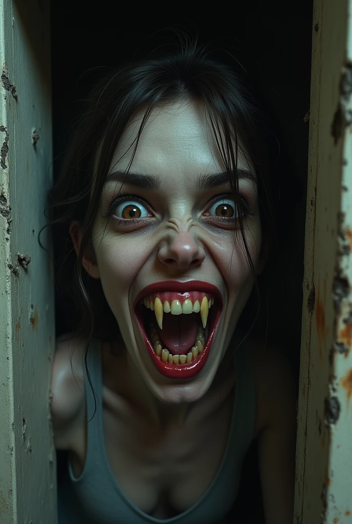 Face of a woman with a crooked smile , long , sharp yellow teeth ...
