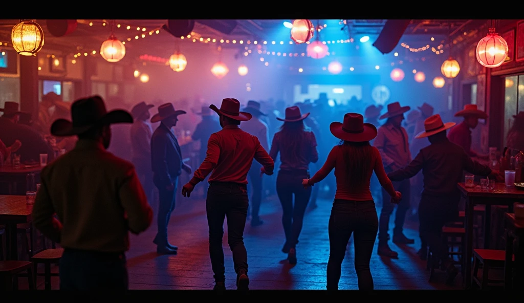 Ultra-realistic image of a crowded cowboy bar at night, with a large ...