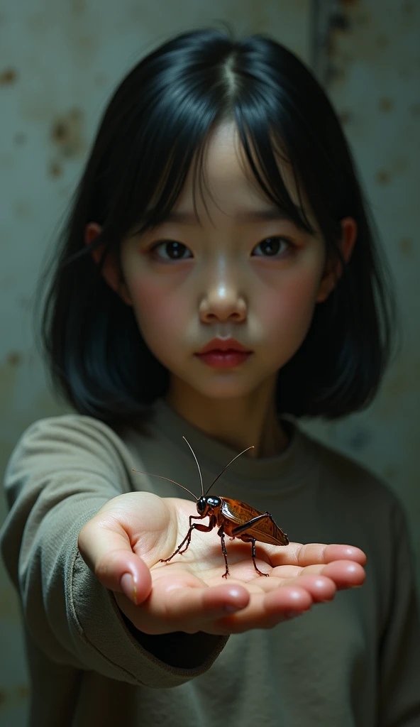Create a hyper realistic image of a girl holding a big cockroach in her ...