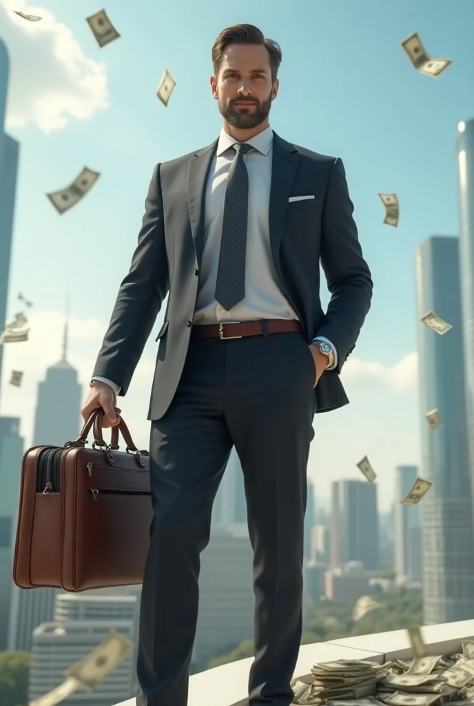 Prompt": "A dynamic scene of a wealthy businessman standing confidently ...