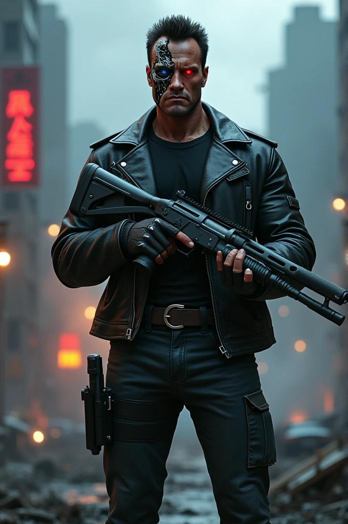 "A muscular man resembling Arnold Schwarzenegger as the T-800 from the ...