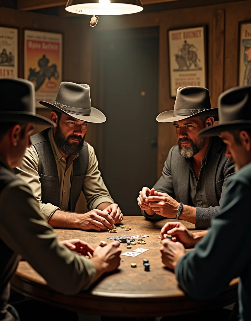 Realistic, theme is "Jinx", set in the Wild West, four men playing ...