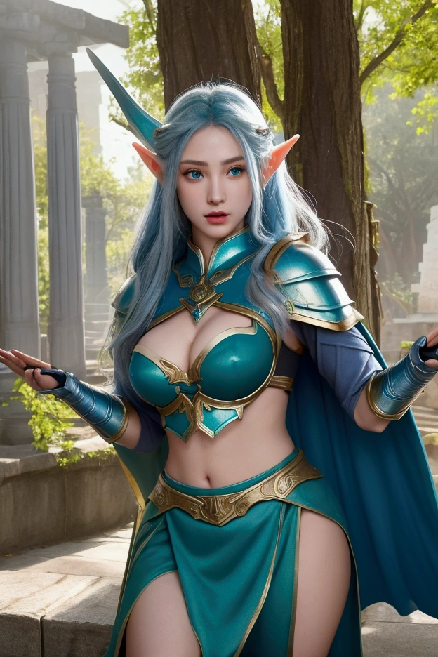 Female Elf Warrior , full body shot blue breast armor, big breasts at the temp - SeaArt AI