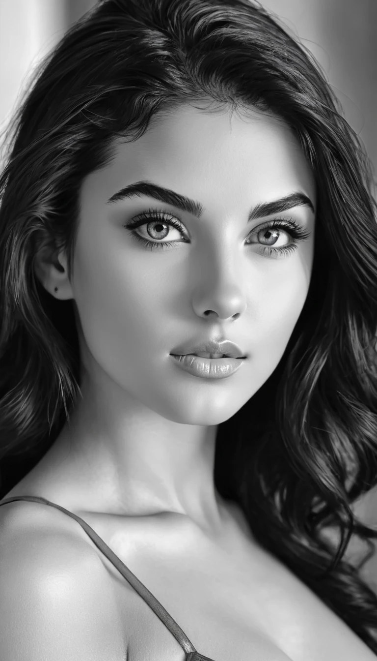 Black and white, ((seductive)) ((slightly leaning forward)) detailed ...