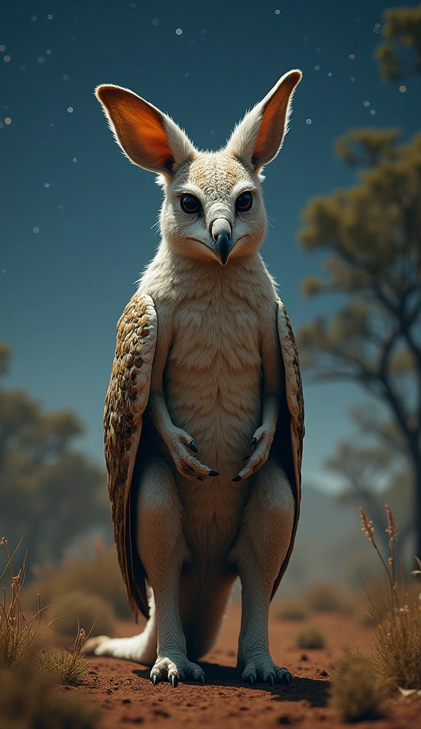 Create a kangaroo-owl hybrid, combining the strong legs and tail of a ...