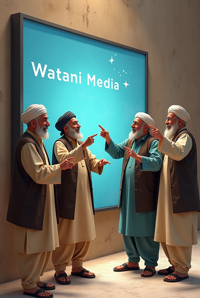 Four Afghan men in local clothes and smiling and crying a lot point to ...