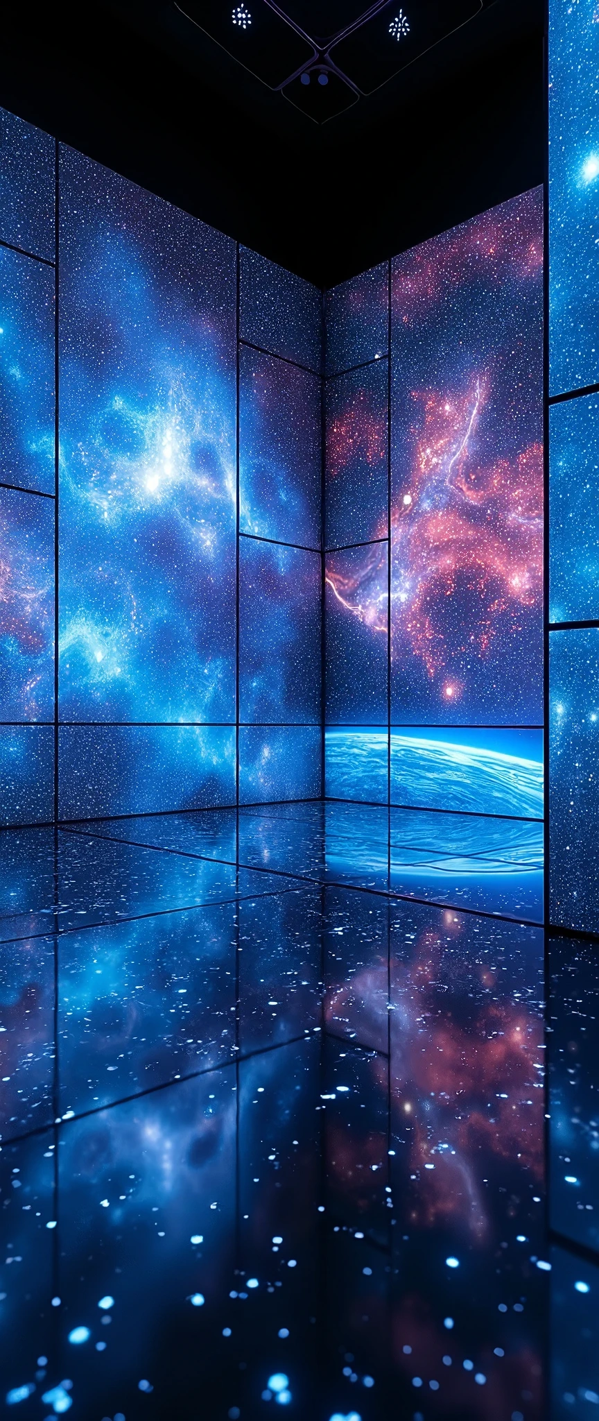 Arafed image of a room with a large screen of blue and pink stars ...