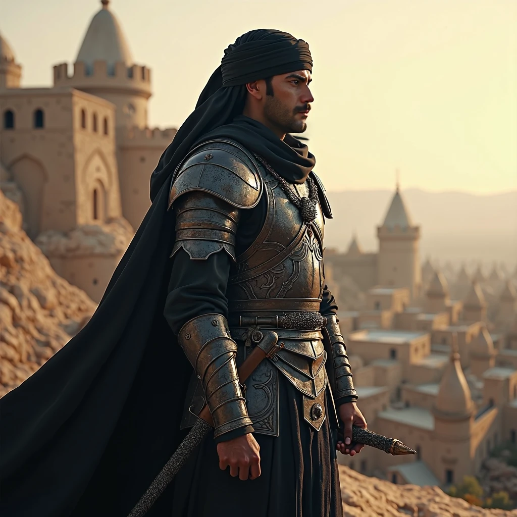 Salahuddin, jo Black muslim Armor aur black turban scarf pehne hai ...