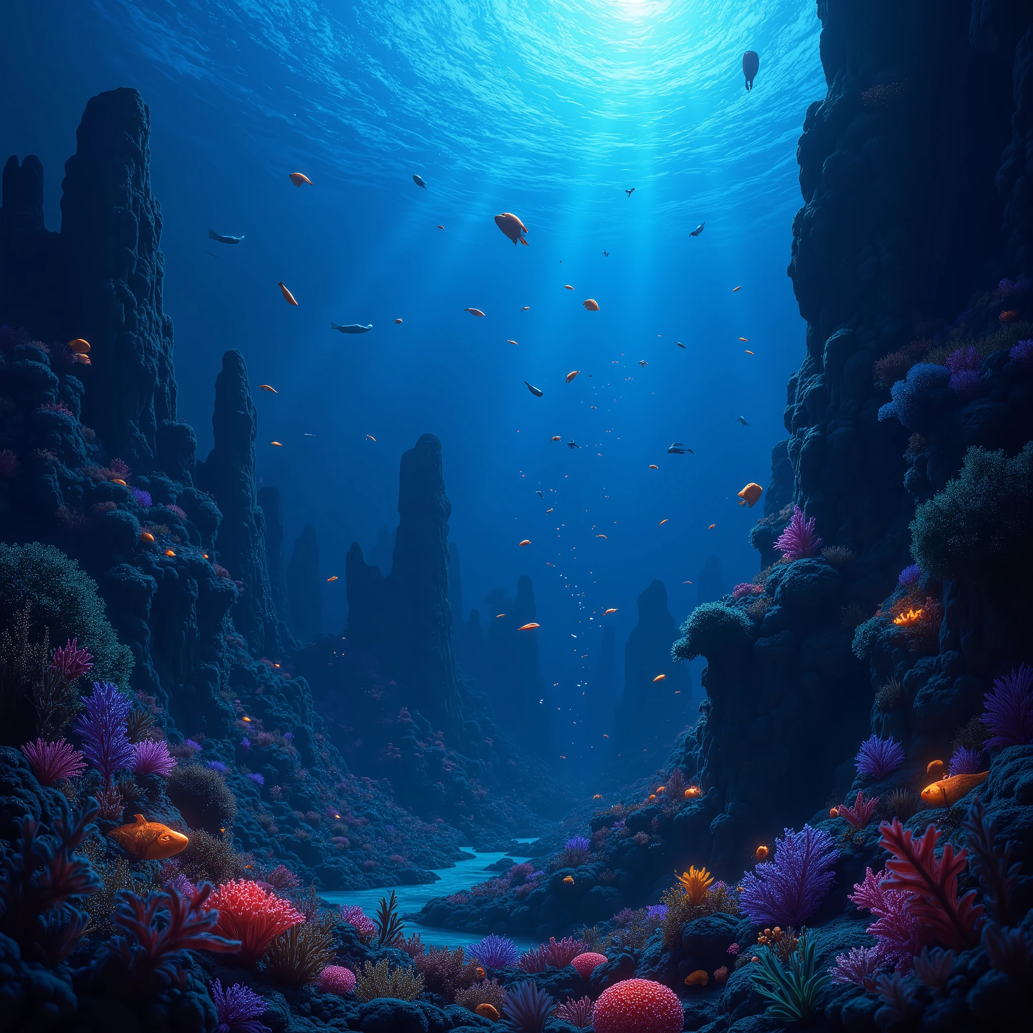There is a large group of fish swimming in a deep blue ocean - SeaArt AI