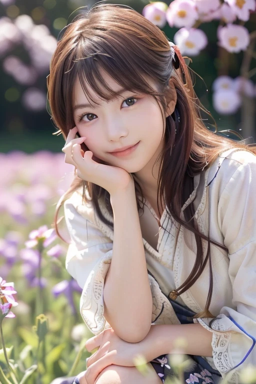 Realistic Photo Quality 、白いseated in a field of flowers with her hand ...