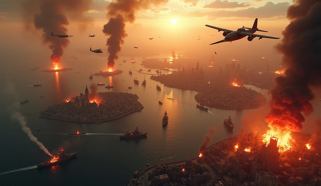 A sweeping aerial view of Europe and the Pacific in flames, with planes ...