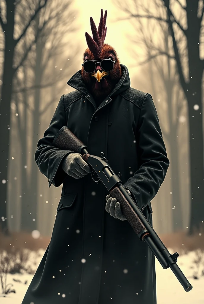 A rooster man in a black raincoat, wearing black glasses, with a ...