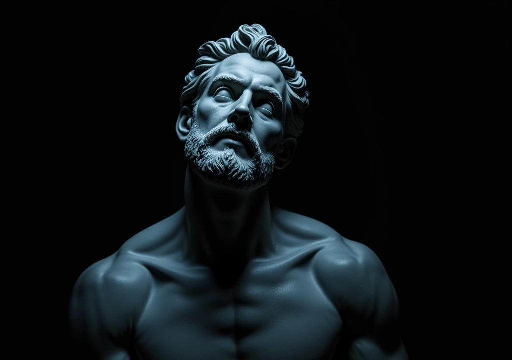 Stoic male face in an introspective pose . The character has a ...