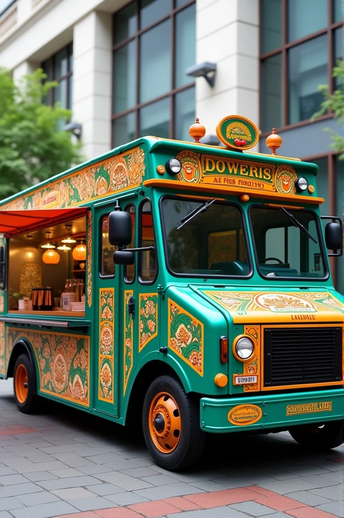 Fansy Cutomized food truck using green, blue, orange, black color add ...