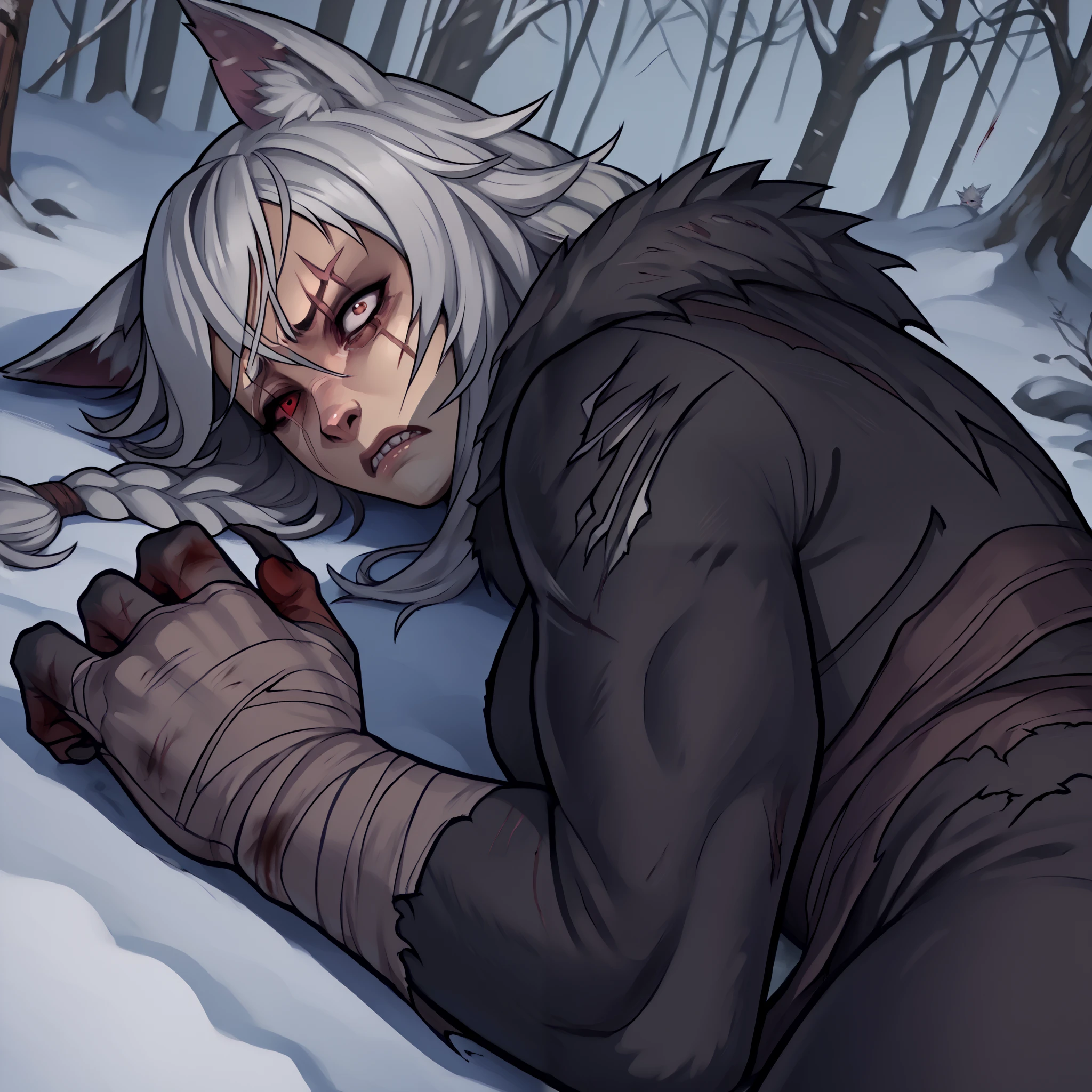 There is a drawing of a cat laying in the snow - SeaArt AI