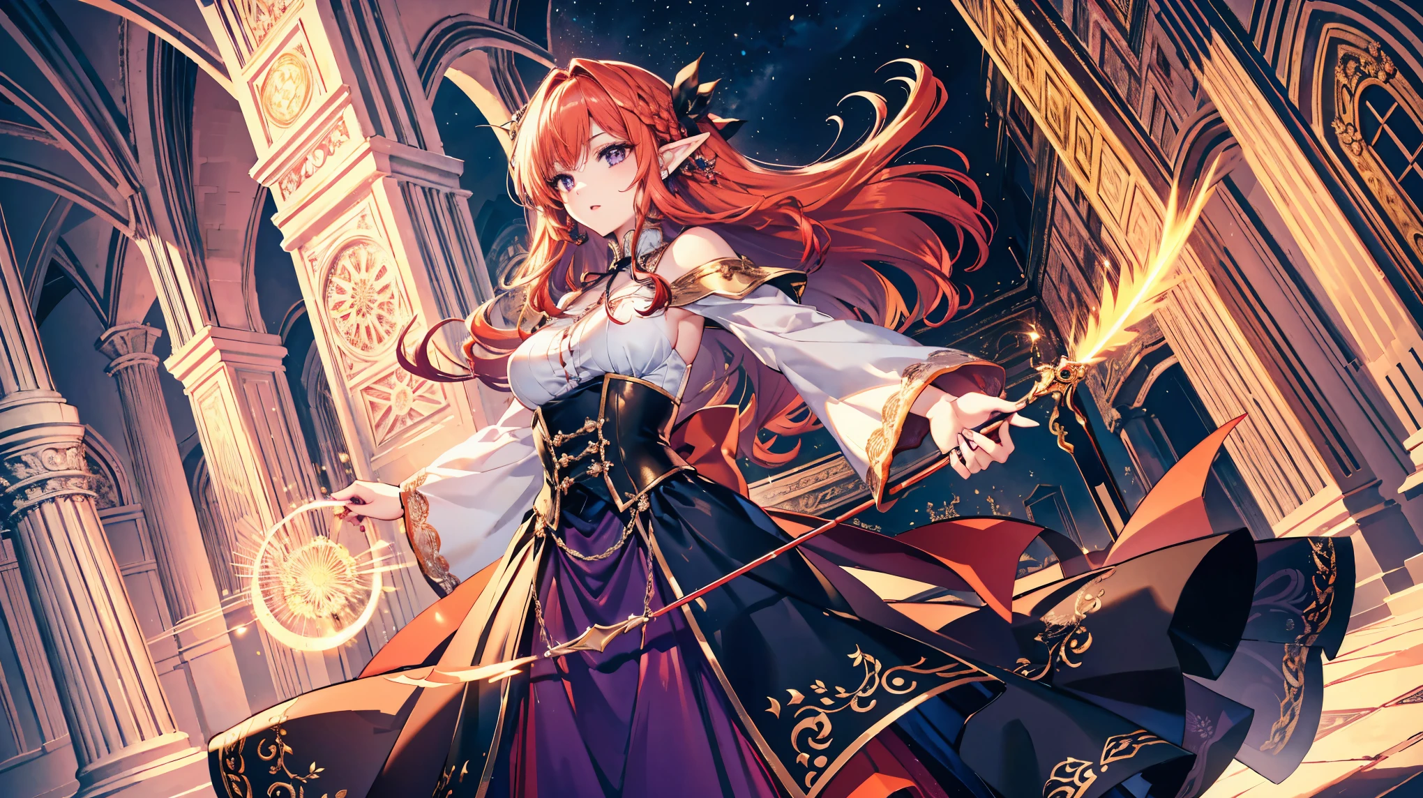 Anime girl with red hair and a sword in a castle - SeaArt AI