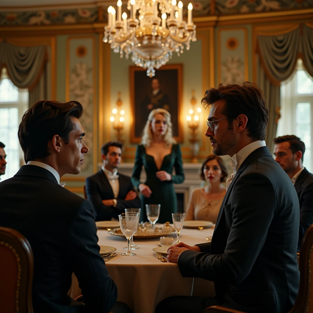 In the opulent ballroom of a 19th-century mansion, a group gathers in ...