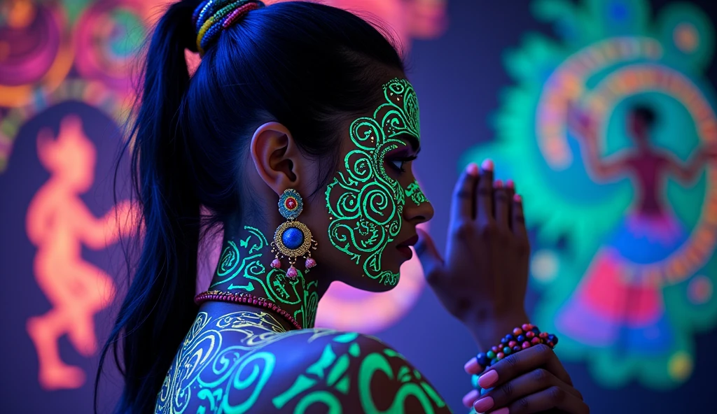Two women with body paint and neon makeup posing for a picture - SeaArt AI