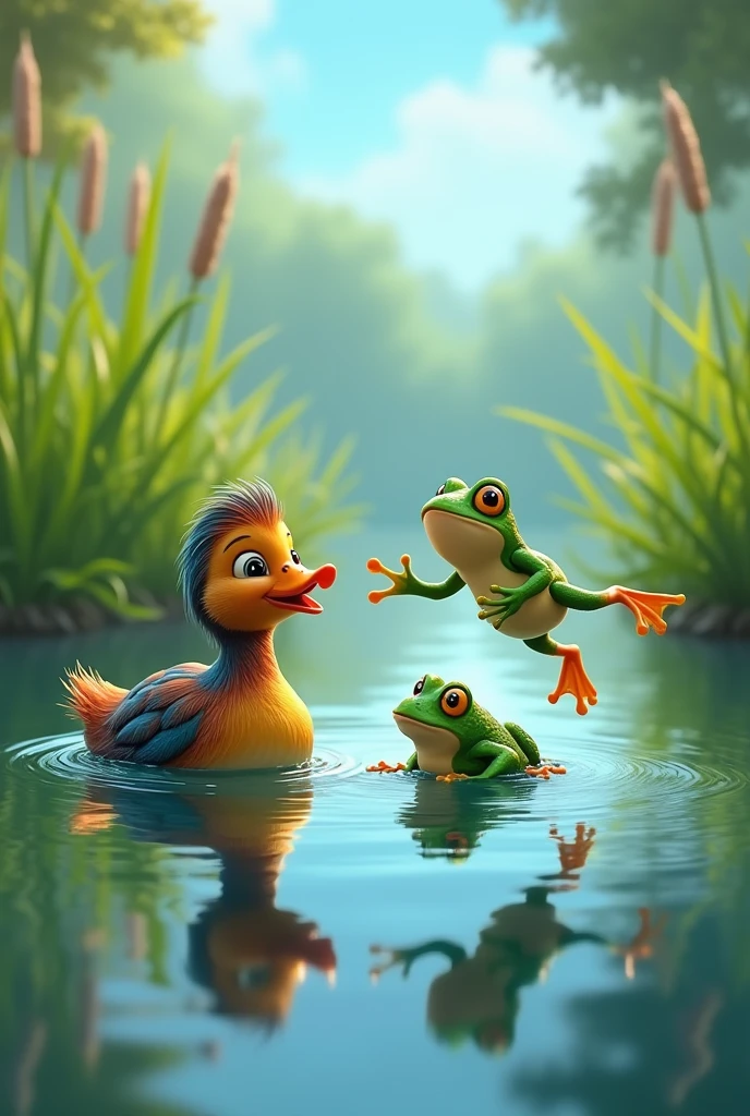 Picture of the duck in the pond playing with the frog - SeaArt AI