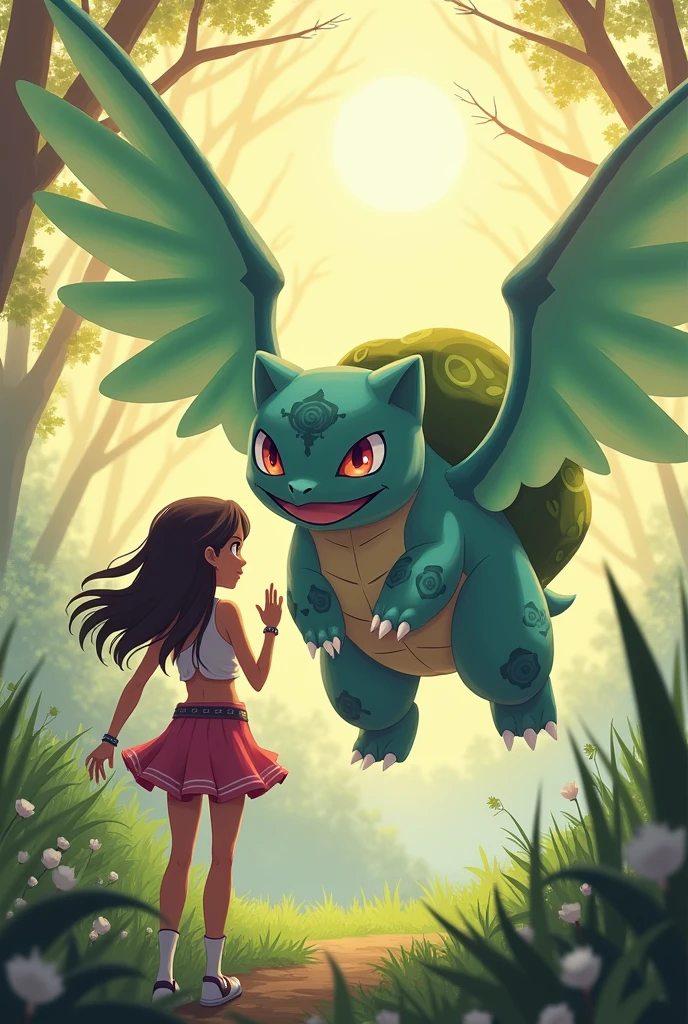 Brunette Pokemon trainer with skirt and neckline with a winged Venusaur ...