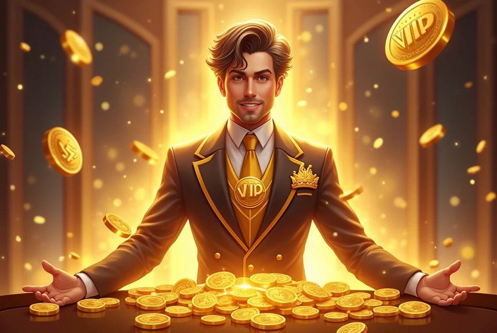 A VIP casino scene featuring golden coins, a shiny VIP badge - SeaArt AI