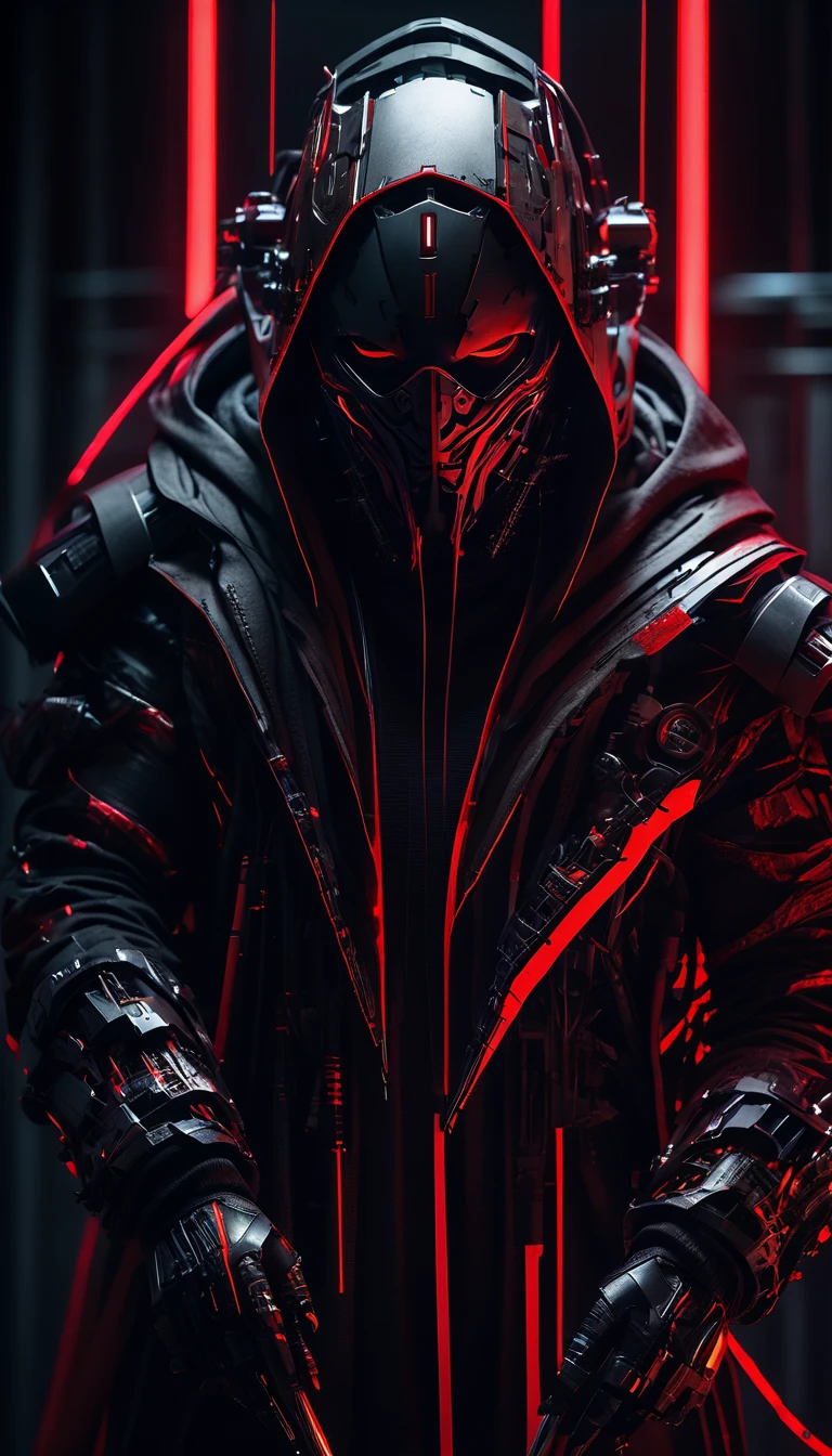 A menacing futuristic industrial design cyborg emerges from shadows ...