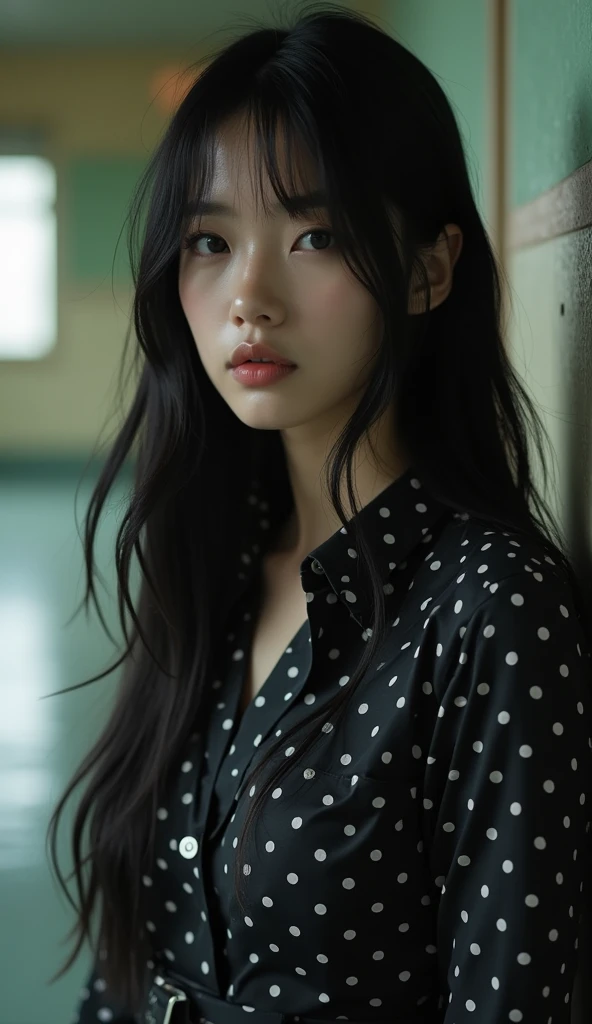 Korean girl long hair long polka dot black shirt dress silk satin dress ...