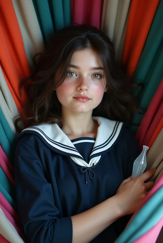 A girl dressed as a schoolgirl (her uniform is squared in dark blue and ...