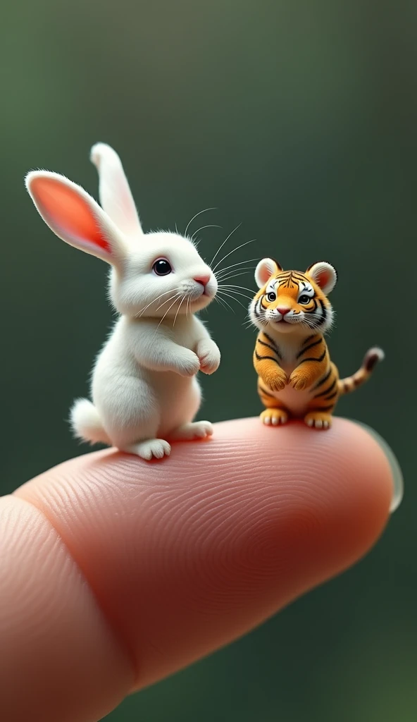 A large rabbit and a tiger are standing on a finger, with their sizes ...