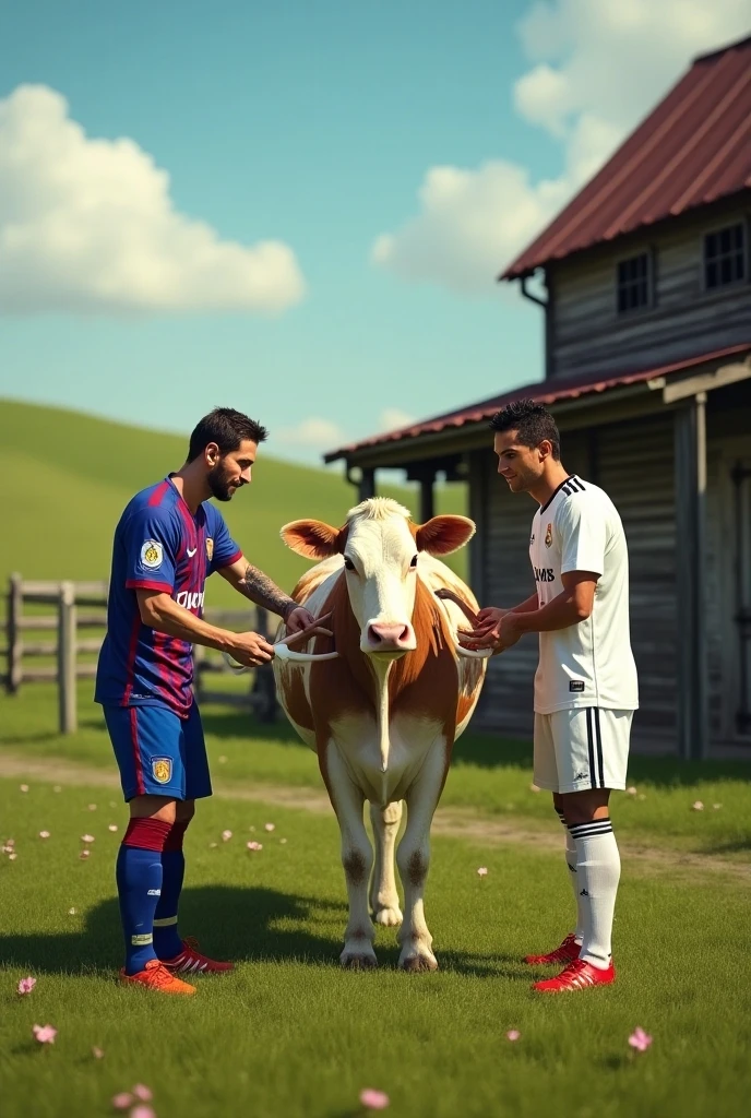 Messi and Cristiano Ronaldo on a farm drawing milk from a cow - SeaArt AI
