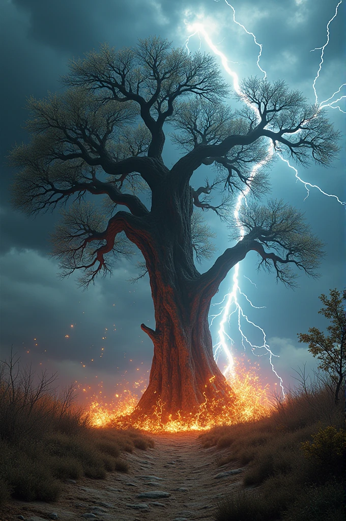 " A large dry tree from the hinterland being struck by lightning ...