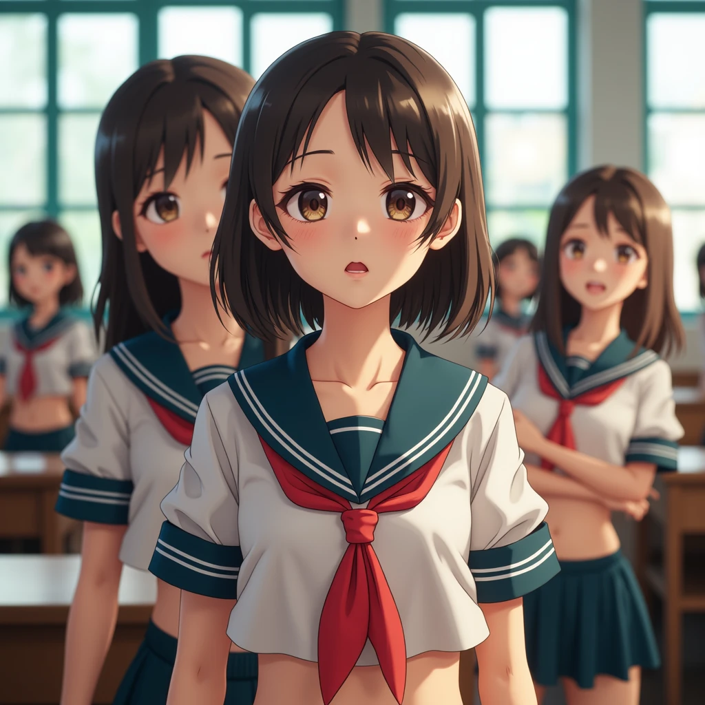 A classroom full of girls wearing crop top student sailor suit - SeaArt AI
