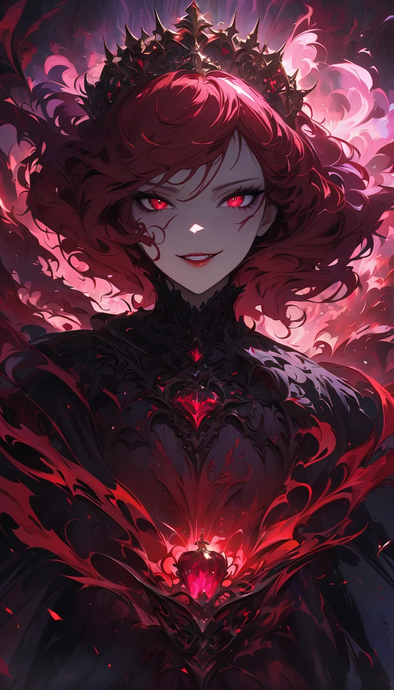 The Dark Princess with Blood-Red Eyes, red hair, crown, Evil smile ...