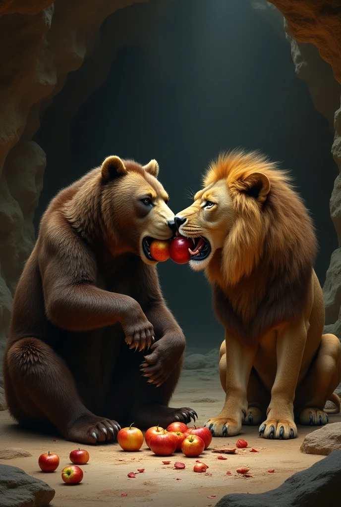 Bear and lion eating apples in a cave - SeaArt AI