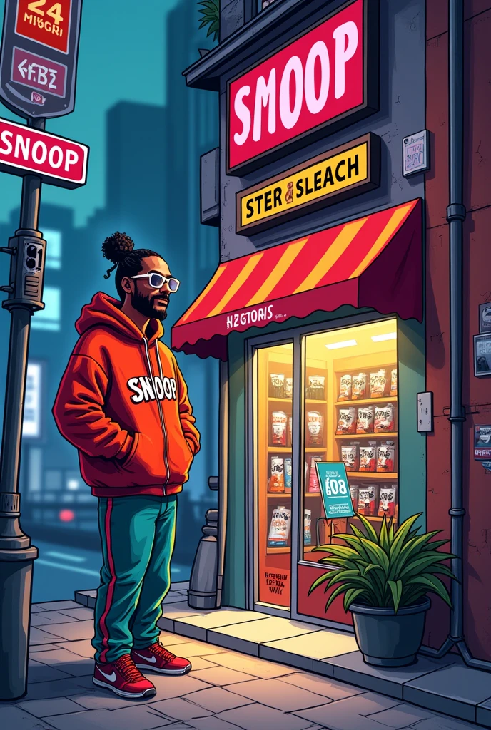 Make a 590 x 340 pixel image of Snoop Dog written “SNOOP STORE - SeaArt AI