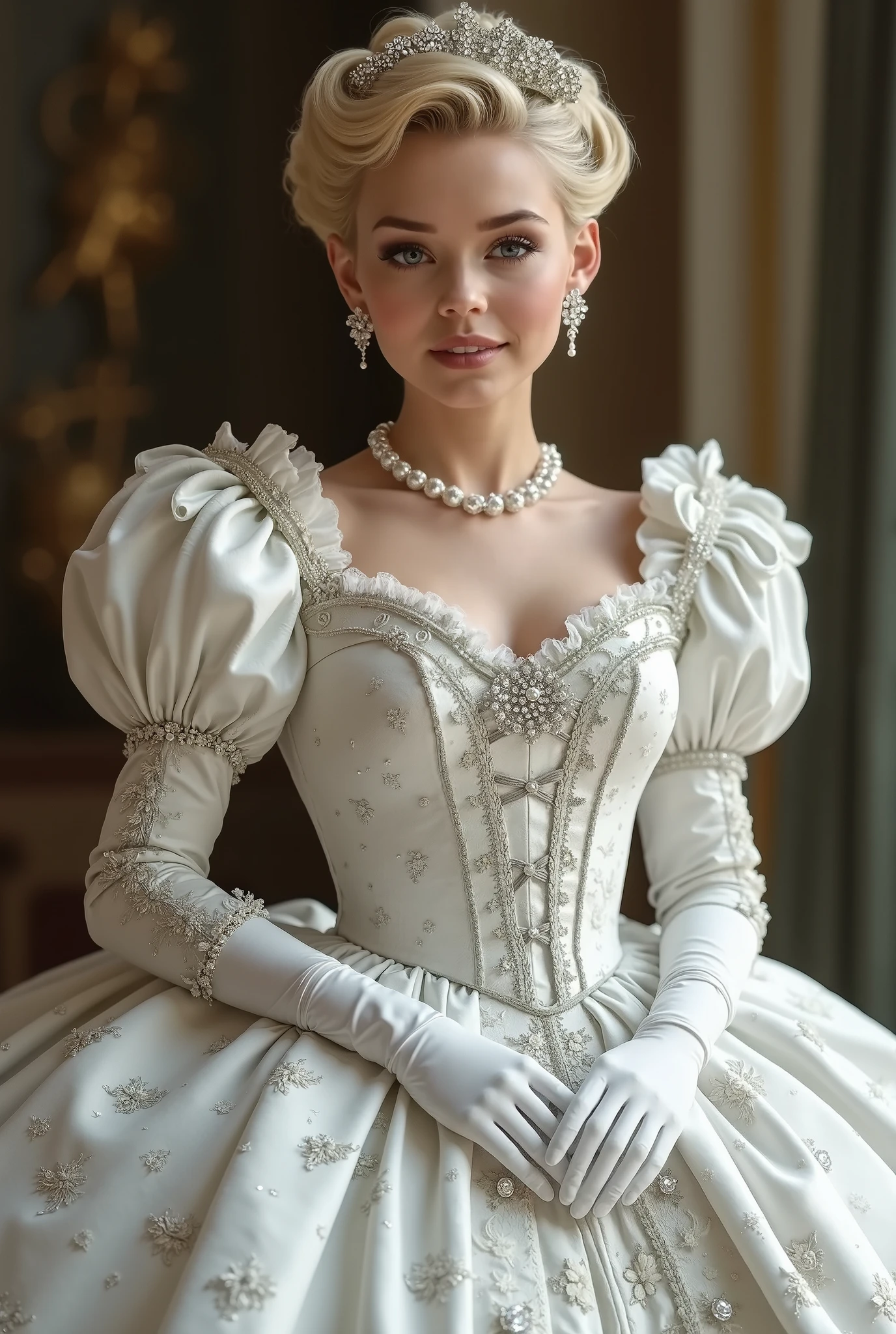 A close up of a woman in a white dress with a tiable - SeaArt AI