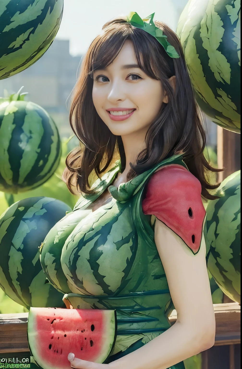 Arafed woman in a green dress with watermelons on her shoulders - SeaArt AI