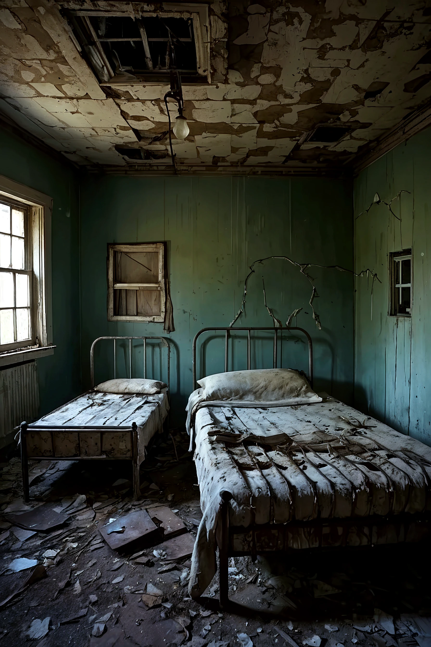 There are two beds in a room with peeling paint on the walls - SeaArt AI